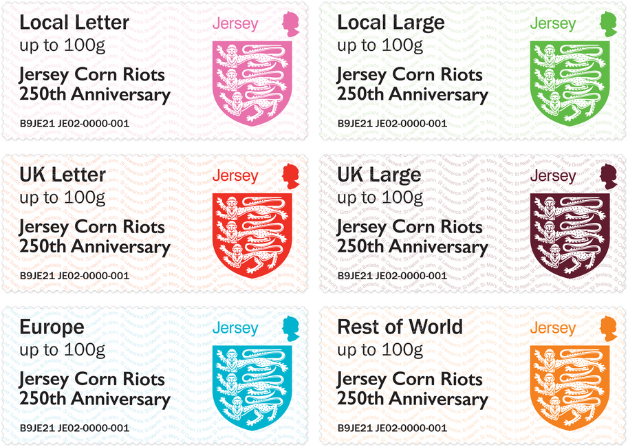 Corn Riots Overprint | Post & Go JE02: Jersey Crests Strip – Jersey Stamps